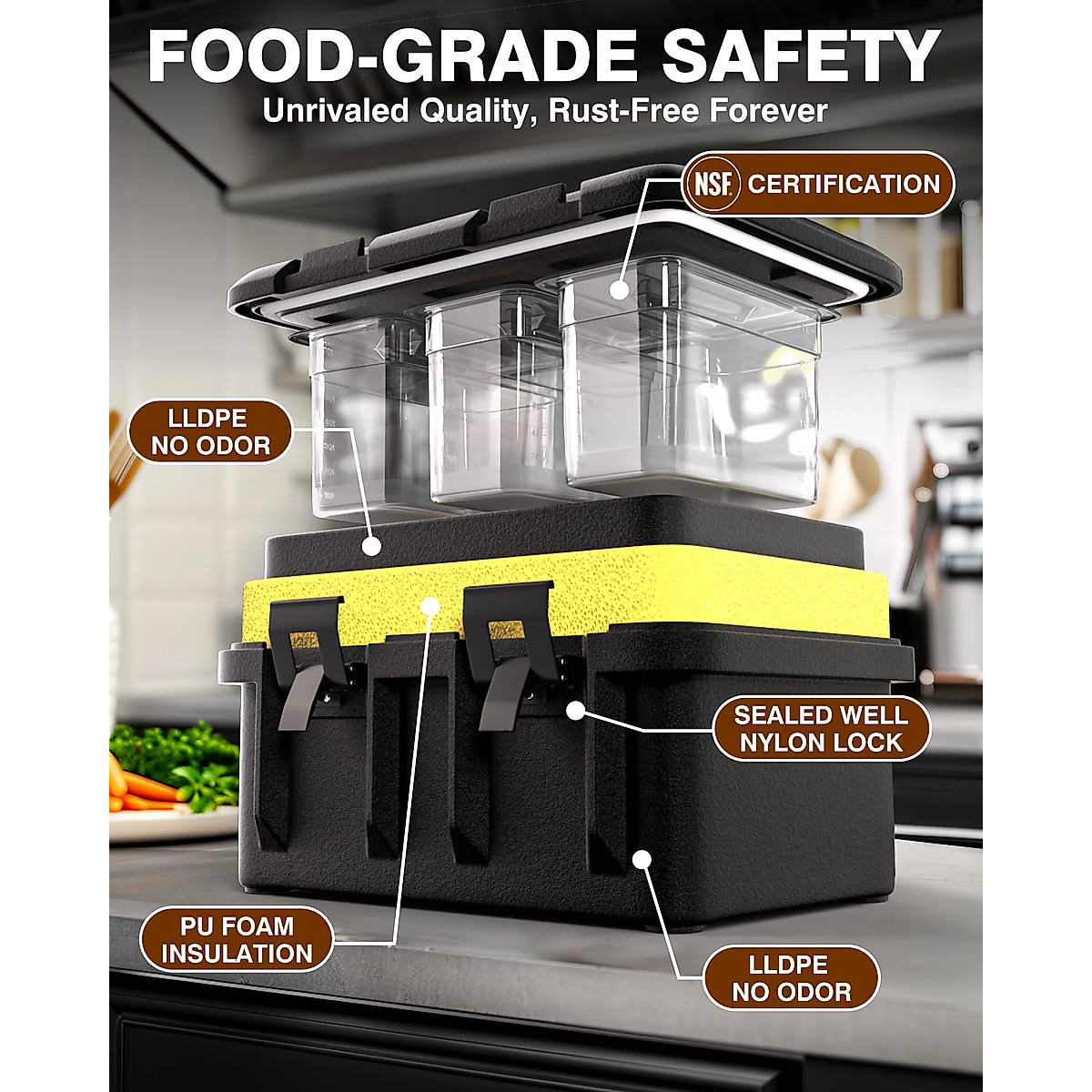 PYY Insulated Food Pan Carrier - 36QT Hot Box Food Warmer Box Stackable Top Load LLDPE Commercial Food Warmers with Three 1/3 Size PC Food Pans 4 Buckles for Restaurant Canteen Buffet Party Black