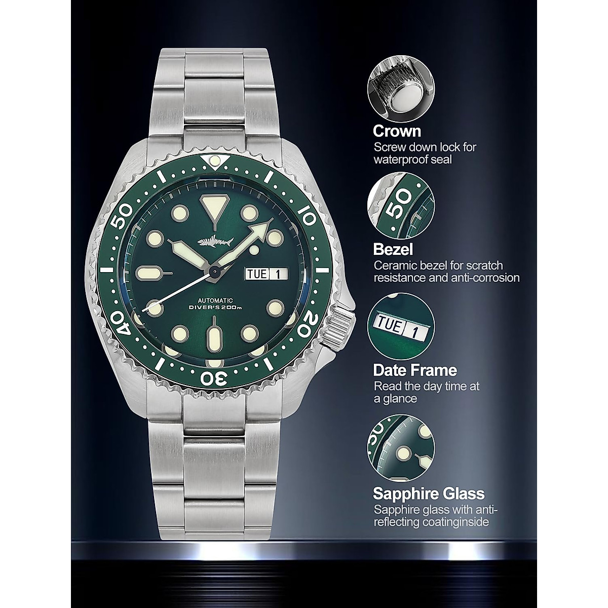 TACTICAL FROG Heimdallr SKX007 Dive Watches for Men, NH36A Movement C3 Luminous Mens Automatic Watches, 200 Meter Water Resistant, Multi-Color