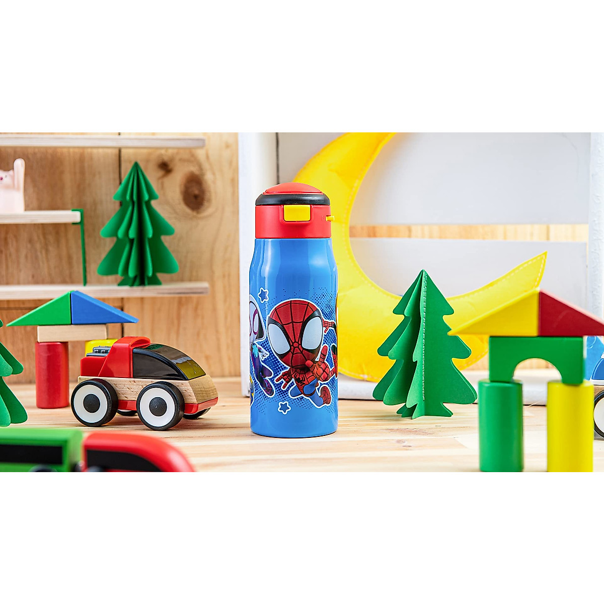 Zak Designs Marvel Spidey And His Amazing Friends Vacuum Insulated Stainless Steel Kids Mesa Water Bottle with Flip-Up Straw and Locking Spout Cover, Durable Cup for Sports or Travel (13.5oz, 18/8 SS)