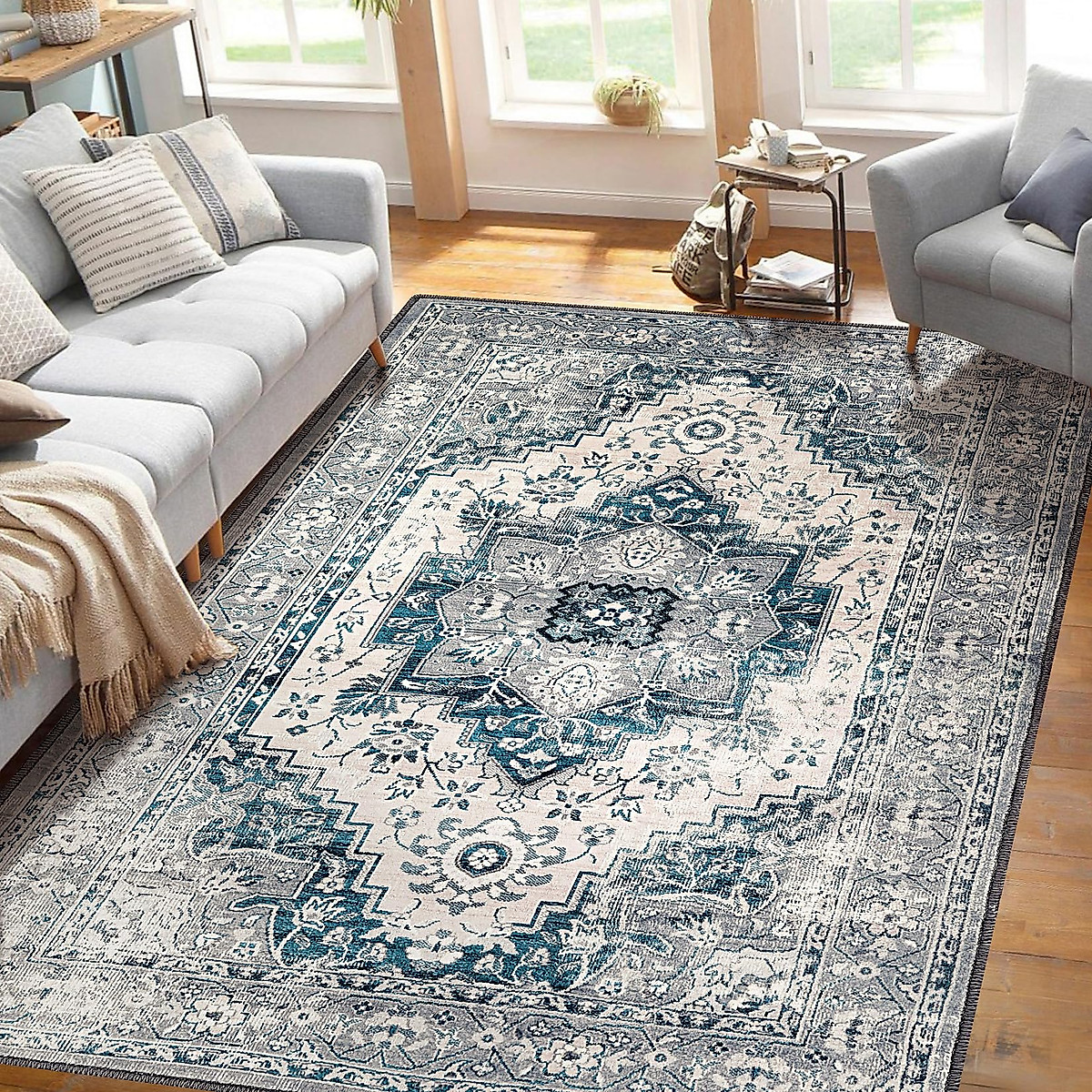 ROYHOME Washable Area Rug 5x7, Vintage Boho Living Room Rug Non-Slip Nursery Rug for Bedroom,Low-Pile Retro Carpet Print Distressed Entryway Rug for Laundry Dining Room Office，5x7