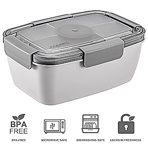 Caperci Large Salad Container for Lunch - Better Adult Bento Lunch Box 68 oz, 5-Compartment Tray, 2pcs 3-oz Sauce Cups, Stackable, BPA-Free (Gray)