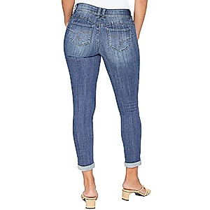 YMI Junior Women’s Wannabettabutt 2 Button Mid Rise Distressed Cuffed Denim Jeans(Medium wash Denim,11)