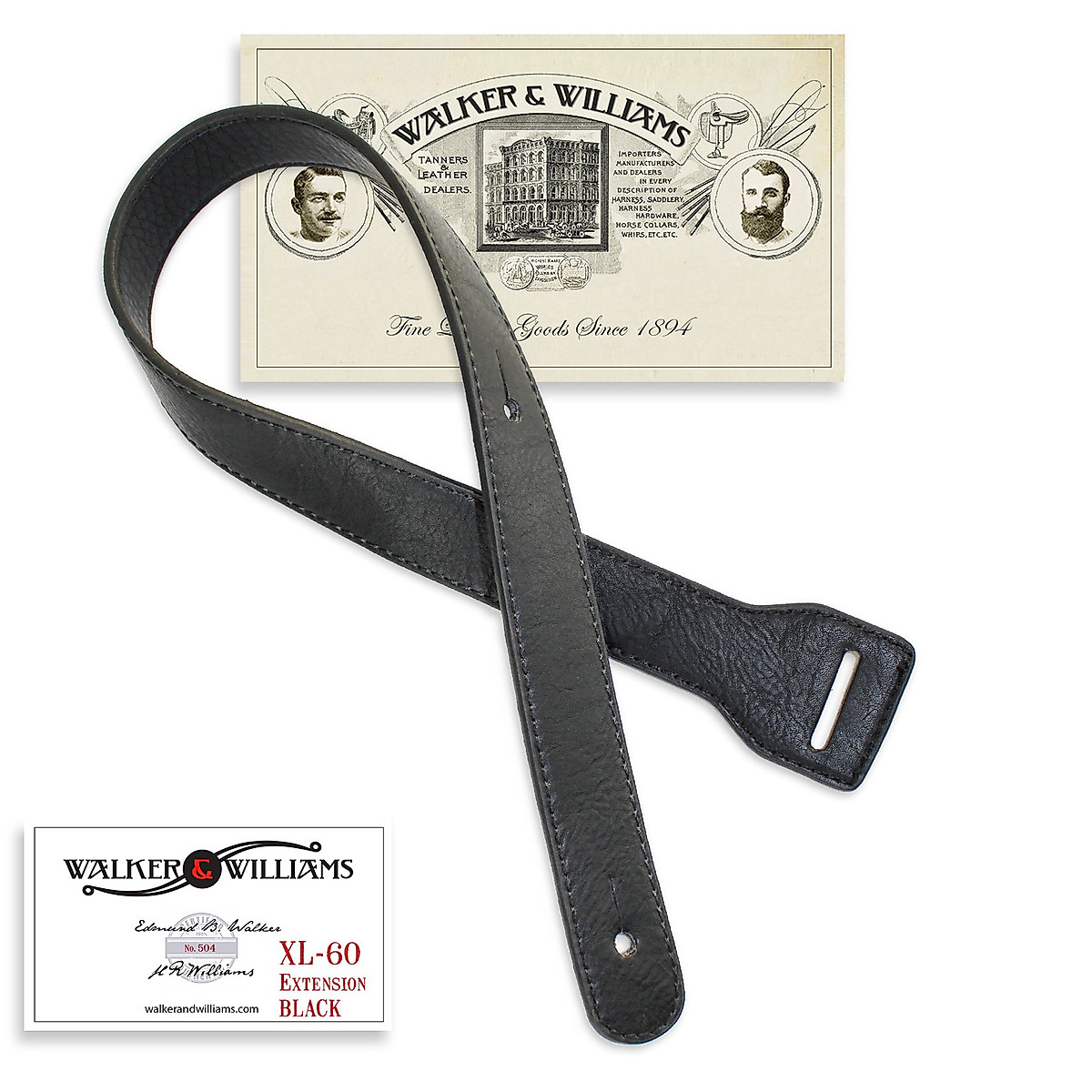 Walker & Williams XL-60 Black Guitar Strap Extender Lengthens W&W Straps Up To 60" For Acoustic, Electric, And Bass Guitar Straps