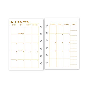 Foiled Pocket Rings Month on 2 Pages Deluxe Planner Calendar Refill, 3.2" x 4.7" | 81mm x 120mm, Sunday Start, Dated Monthly View, Choose 12 Months