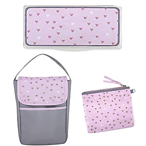 Baby Essentials Diaper Bag Backpack 5 Piece Set with Sun, Moon, and Stars, Wipes Pocket, Stroller Straps, Dirty Diaper Pouch, Changing Pad (Grey/Pink Backpack)