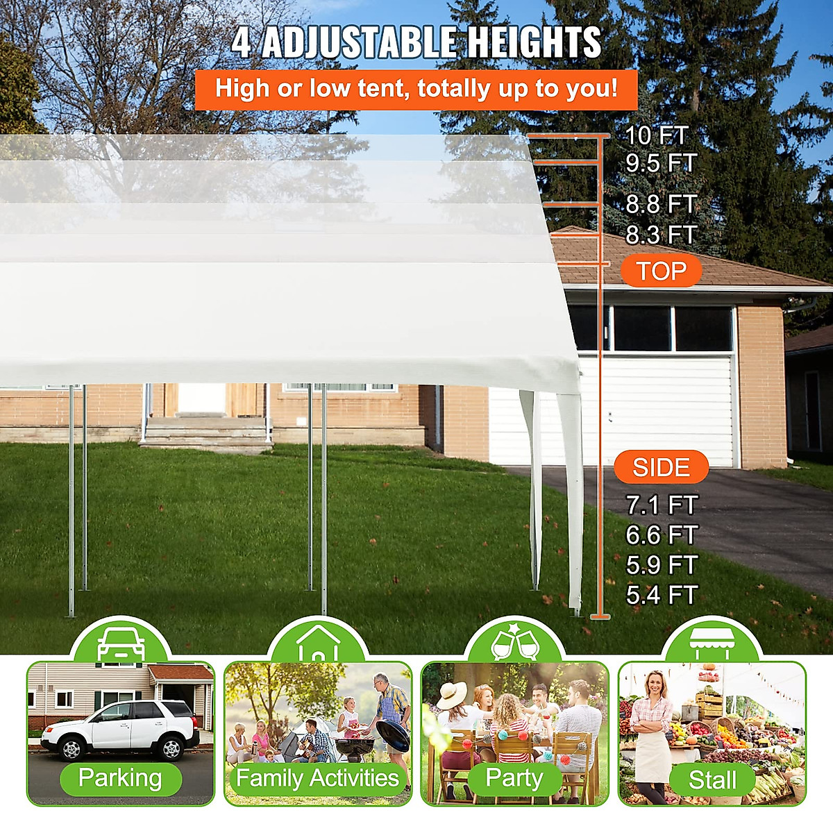 VEVOR 10 x 20 ft Carport Car Canopy, Heavy Duty Garage Shelter with 8 Legs, Car Garage Tent for Outdoor Party, Birthday, Garden, Boats, Adjustable Peak Height from 8.3 ft to 10 ft, White
