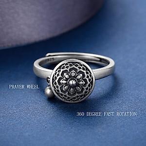 LOVECOM 100% Real 925 Sterling Silver Fidget Rotating Rings for Women Men Buddhist Tibetan Prayer Wheel Spinner Finger Ring Good Luck Lady Bands Relieving Stress Father's Day Gifts from Daughter