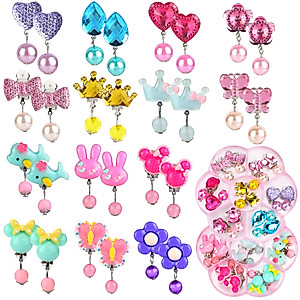 Hifot 14 Pairs Clip on Earrings Girls, No Pierced Design Earrings Dress up Pretend Princess Play Jewelry Accessories for Kids