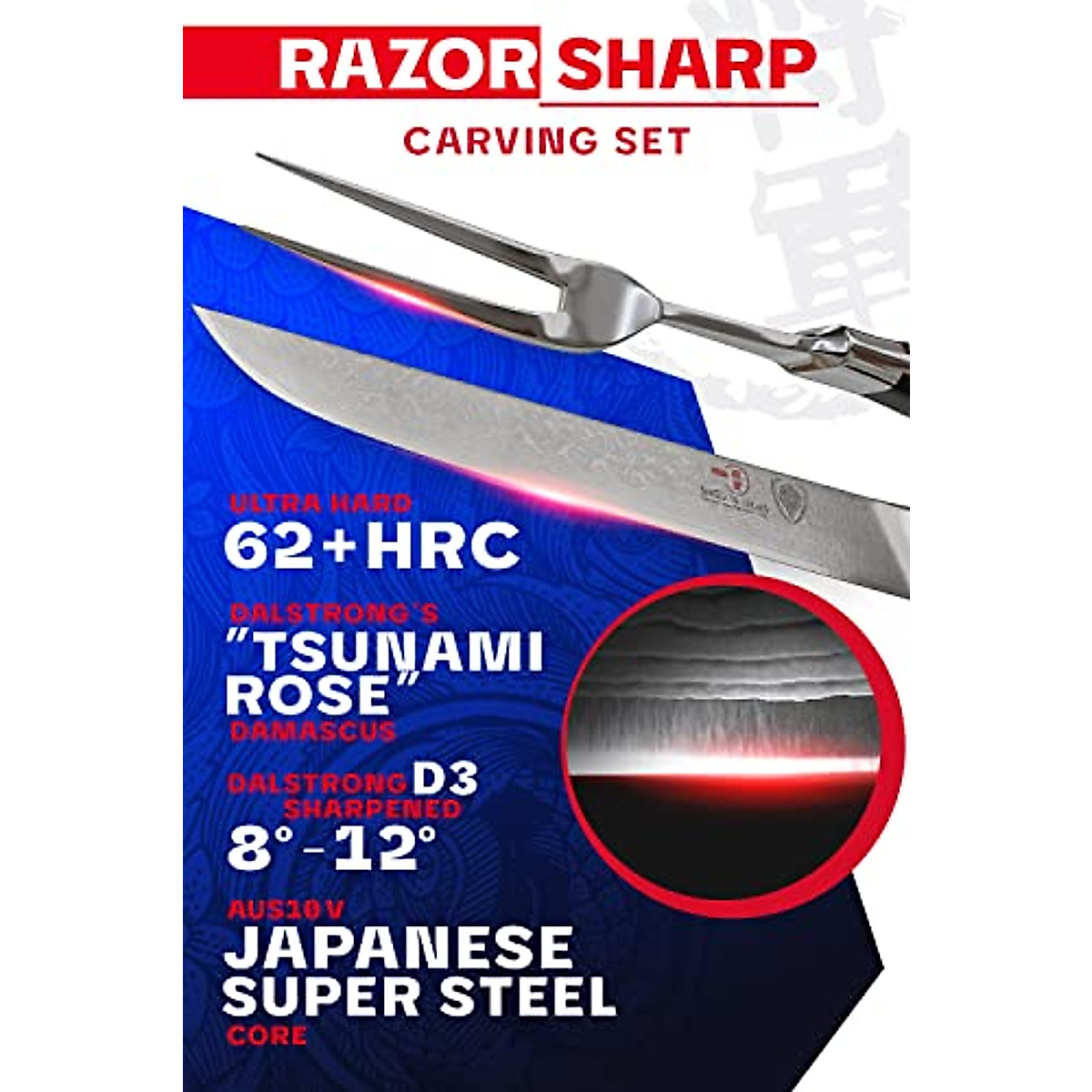 Dalstrong Shogun Series Damascus Japanese AUS-10V Super Steel Carving Kitchen Knife & Fork Set, 9 Inches, Sheath Included