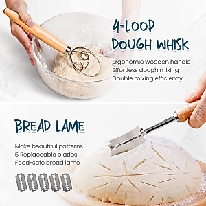 RORECAY Bread Banneton Proofing Basket Set of 2, 9 Inch Round & 10 Inch Oval Cane Sourdough Baskets with Bread Lame + Dough Scraper + Linen Liner + Basting Brush for Bread Making Baking Fermentation