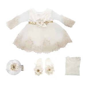 Newborn Baby Girl Lace Dress Set, 4 Pieces Outfit for Special Occasions (US, Age, 0 Months, White, Gold Belt)
