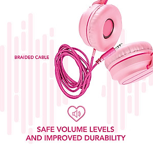 TalkWorks Corded Headphones for Kids - Over Ear Headphones for Home, School, and Gaming - Lightweight, Portable, Cushioned Earcups, and Adjustable Headband - Comes in Fun Colors - One Size, Pink