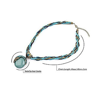 Harlorki Women Lady Retro Vintage Bohemian Style Twist Woven Rope Chain Turquoise Rhinestone Pendant Collar Necklace Fashion Jewelry