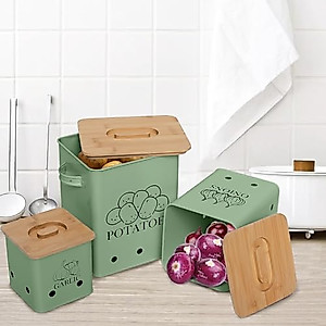 Xbopetda Potato Onion Garlic storage, Canister Sets for Kitchen Counter, Storage Set for Potato Onion Garlic, Kitchen Storage Bin Jars Pots with Aerating Tin Storage Holes & Wooden Lid - Green