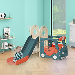 Veemuaro 4 in 1 Slide for Kids, Toddler Slide with Bus Play Structure, Freestanding Slide Set with Climber and Basketball Hoop, Toddler Playground Indoor Outdoor (Red)