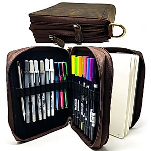 MstrSktch Deluxe Leather Journal Cover and 21 Loop Case for Travel 5.5 x 8.25 A5 Moleskine LEUCHTTURM 1917 Journals Notebooks Planners & Sketchbooks - Double Zipper Combo Design