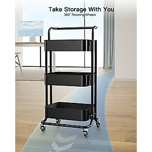 Totnz Rolling Utility Cart, 3-Tier Mesh Organization Cart with Lockable Wheels, Multi-Functional Storage Trolley for Office, Living Room, Kitchen, Laundry, Bathroom Storage, Black (TZUC01B)