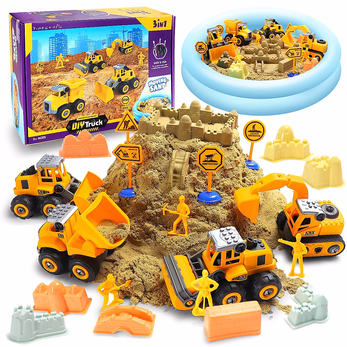 YIDESTARS Play Construction Sand Kit,2.2lbs Magic Sand W/4 Large Take Apart Construction Trucks,1 Sandbox,8 Worker Figures and Road Signs,8 Molds,Toys for 2-8 Years Old Boys Girls