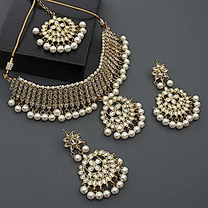 Aheli Kundan Pearls Designer Necklace Earrings Maang Tikka Set Indian Traditional Ethnic Engagement Wedding Party Wear Jewelry for Women