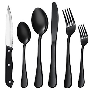 Silverware Set, 72-Piece Black Silverware Set with Steak Knives Stainless Steel Cutlery Set for 12 Includes Knives Forks and Spoons Kitchen Silverware Sets for Home, Mirror Polished & Dishwasher Safe