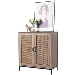 BIRASIL Sideboard Buffet Cabinet, Rustic Storage Cabinet with Rattan Doors for Entryway/Hallway, Accent Liquor Cabinet for Home Kitchen Living/Dinning Room (Natural Oak)