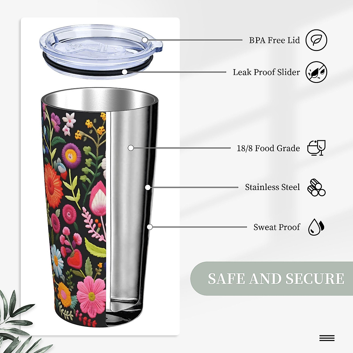 AYCZN Embroidered Flower Insulated Tumbler with Lid and Straw, Spring Floral Stainless Steel Coffee Mug 20oz Water Bottle Leakproof Travel Thermal Cup