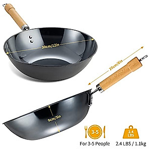 Wok Pan 12 inch, High Carbon Stainless Steel Stir Fry Pans for All Stoves, Iron Pot with Detachable Wooden Handle, Induction, Oven Safe Silver