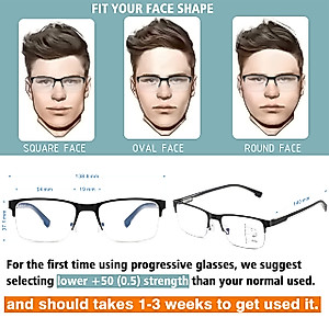 Multifocus Reading Glasses Men Progressive Multifocal Blue Light Computer Reader Half Frame Metal Extra Wide Eyeglasses No Line Bifocals Large Designer Cheaters Transition Square Eyewear 2packs 1.25