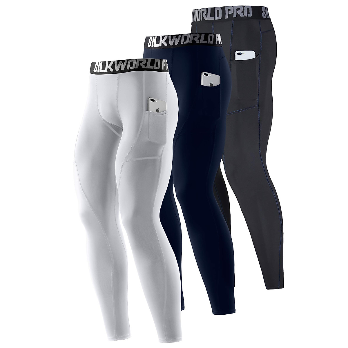 SILKWORLD Men's 1~3 Pack Compression Pants Pockets Cool Dry Gym Leggings Baselayer Running Tights (Small, Pack of 3: Dark Navy,Black(Blue Double Stripe),White)