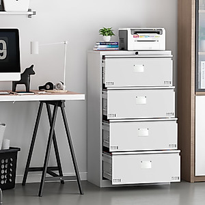 Lateral File Cabinet 4 Drawer Metal Filing Cabinets for Home Office, White File Storage Cabinet with Lock for Letter/Legal A4 Size, Locking Horizontal Filing Cabinet with Card Slot