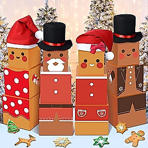 Funtery 16 Pcs Christmas Gingerbread Man Gift Box Xmas Stacking Boxes with Hats Christmas Nesting Boxes with Red Bow, Christmas Hat, Top Hat Decorative for Gift Present Wrapping Party Favors