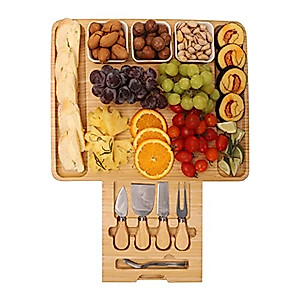 Cheese Board and Knife Set | Wine Board | Organic Bamboo Wood Charcuterie Platter Serving Board Cheese Tray with Cutlery | Perfect for Birthday, Housewarming & Wedding Gifts