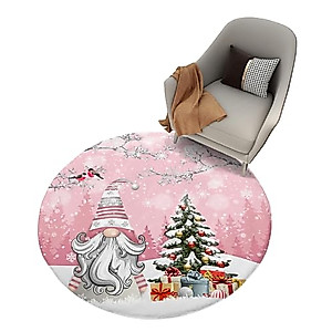 Christmas Gnomes Fluffy Round Area Rug Carpets 4ft, Plush Shaggy Carpet Soft Circular Rugs, Non-Slip Fuzzy Accent Floor Mat for Living Room Bedroom Nursery Home Decor Xmas Snowy Tree Bird Pink