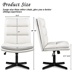 TAVATA High Back Armless Office Desk Chair No Wheels, PU Leather Cross Legged Office Chair, Wide Seat Home Office Desk Chairs, Adjustable Swivel Vanity Task Computer Chair (White)