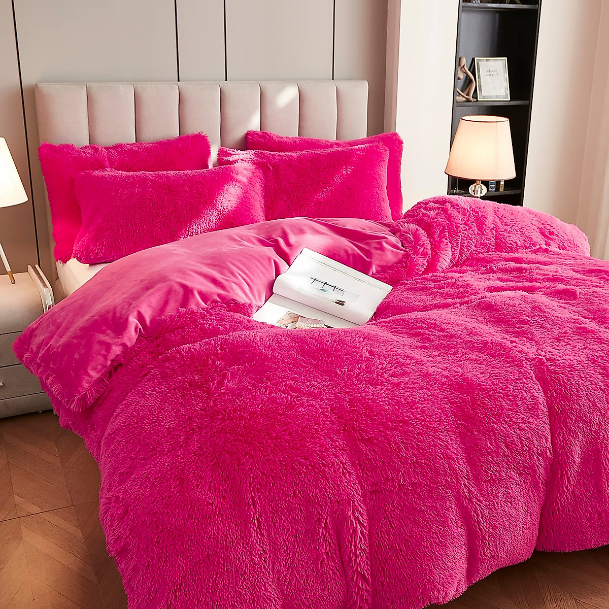 Uhamho Luxury Fluffy 1PC Solid Duvet Cover Faux Fur Plush Shaggy Quilt Cover Velvet Bedspread Zipper Closure, No Pillow Sham, No Comforter (Hot Pink, Twin)