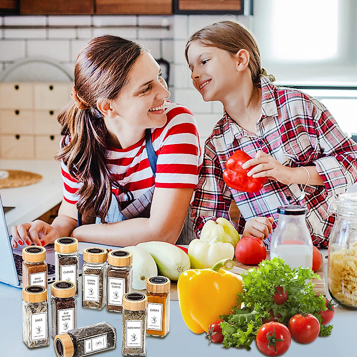 Aliggbent Spice Jars with Lable, 36 Pcs 4 oz Glass Spice Jars with Bamboo Lids, Spice Containers Bottles, Glass Seasoning Jars with Shaker Lids, Collapsible Funnel, for Spice Racks, Pantry,Cupboard