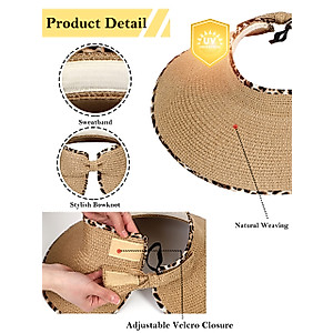 Womens Beach Straw Sun Hats Ponytail Hole Wide Brim Summer Visor Foldable Hat Sun Protection Packable for Travel Pool(One Size,Khaki with Leopard)