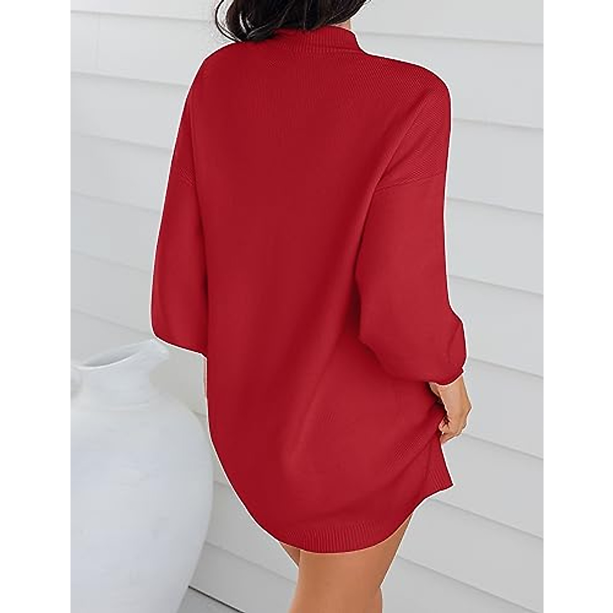 ZESICA Women's 2023 Fall Turtleneck Sweaters Dress Oversized Long Lantern Sleeve Casual Knit Pullover Short Dresses,Red,Small