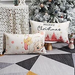 wyooxoo Christmas Pillow Covers 12x20 Inch Christmas Tree Pink Decorations Throw Pillow Covers Winter Holiday Decor Linen Pillowcase for Sofa Couch Home Decor (12" x 20", Pink)