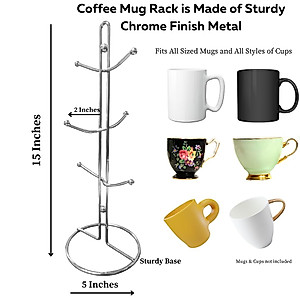 Evelots Countertop Coffee Mug/Teacup Organizer Stand/Rack/Tree-Hooks Hold 6 Large Mugs-Modern Chrome Finish-Coffee Bar Accessory
