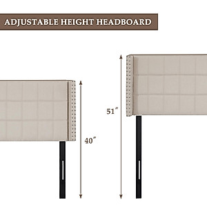 VECELO Linen Upholstered Headboard for King Size Bed, Tufted Nailhead & Double Wingback for Bedroom, 6 Adjustable Position from 40" to 49.8",Beige
