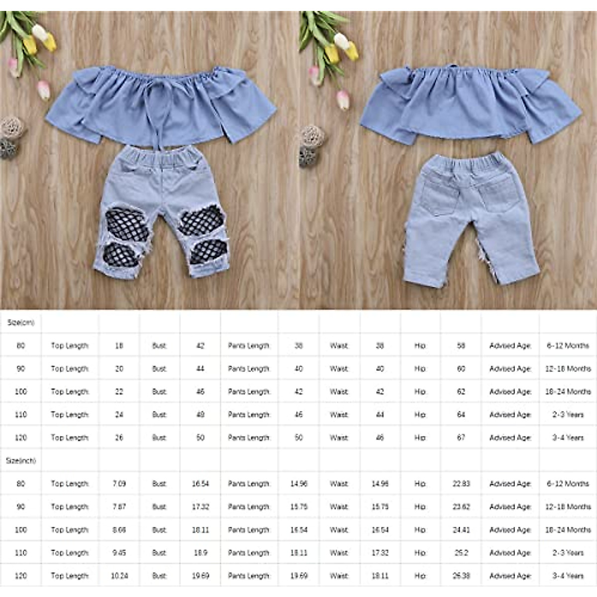 LXXIASHI 2Pcs Infant Baby Girl Denim Pants Outfits Set Ruffle Sleeves Off Shoulder Crop Tops + Fishnet Patchwork Ripped Jeans (Blue, 3-4 Years)