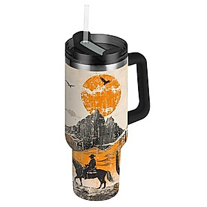 Flradish 40oz Tumbler with Handle, Vintage Western Cowboy Stainless Steel Tumbler with Lid and Straws Double Wall Vacuum Insulated Leakproof Coffee Travel Mug