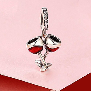 Love Heart Authentic Original 100% 925 Sterling Silver Charm Bead Beautiful Crystal Bow Charms Fit Pandora Charms Bracelet Women Necklace Pendant Jewelry … (Red Wine Lover Glass Cup)