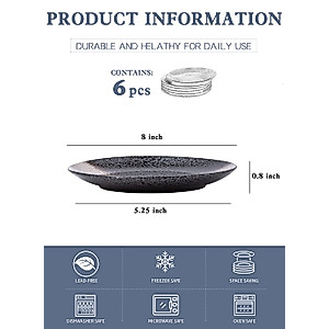 Kanwone Ceramic Dessert Salad Plates - Set of 6, 8 Inch, Kitchen Round Plates for Dessert, Salad, Snacks, Appetizers, Steak, Microwave, Oven and Dishwasher Safe, Black Glazed