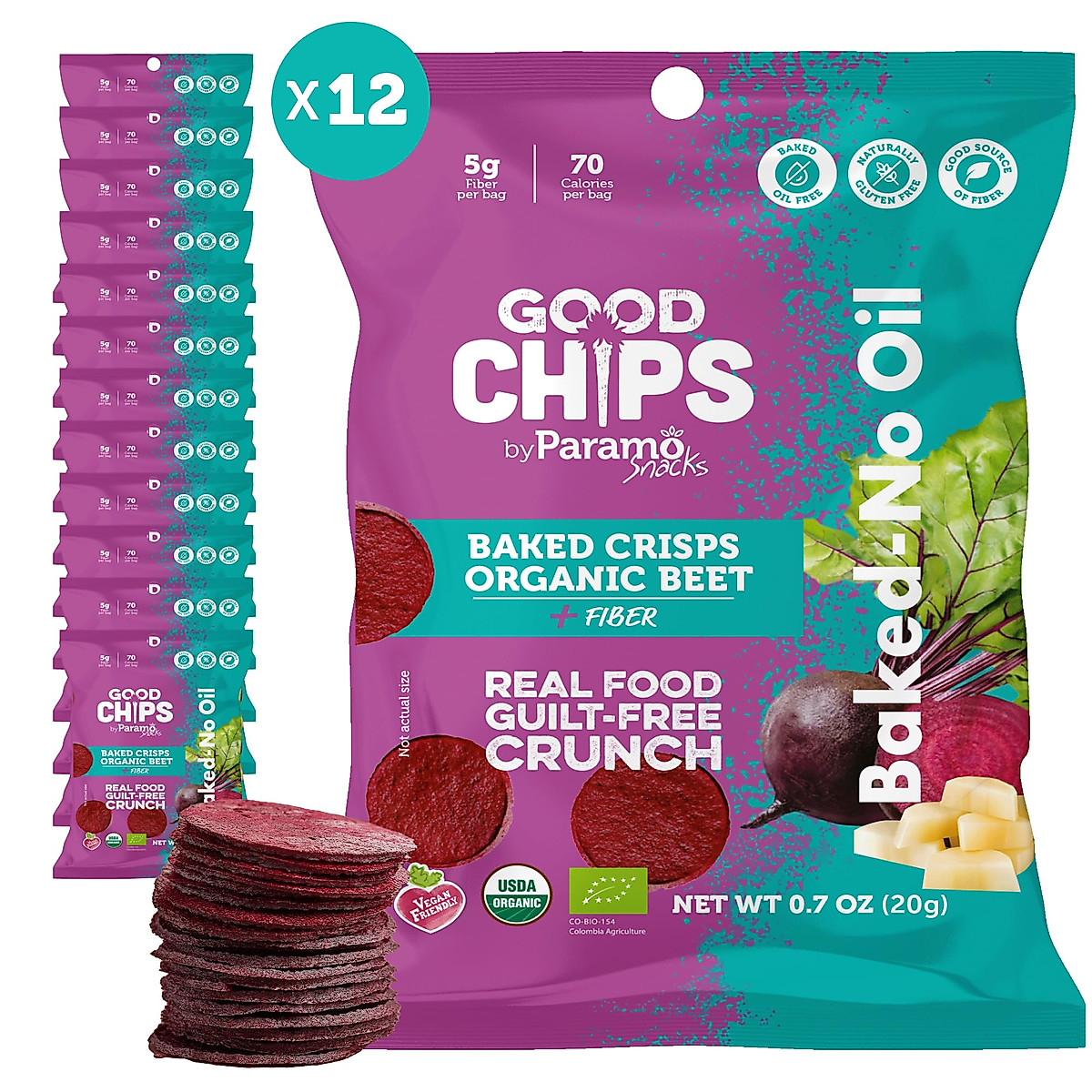Good Chips Beet & Yacon - Crispy, Baked, No Oil, No Added Salt - Organic, High Fiber, Prebiotic Superfood - Healthy, Vegan Snack - 0.7 oz, Pack of 12