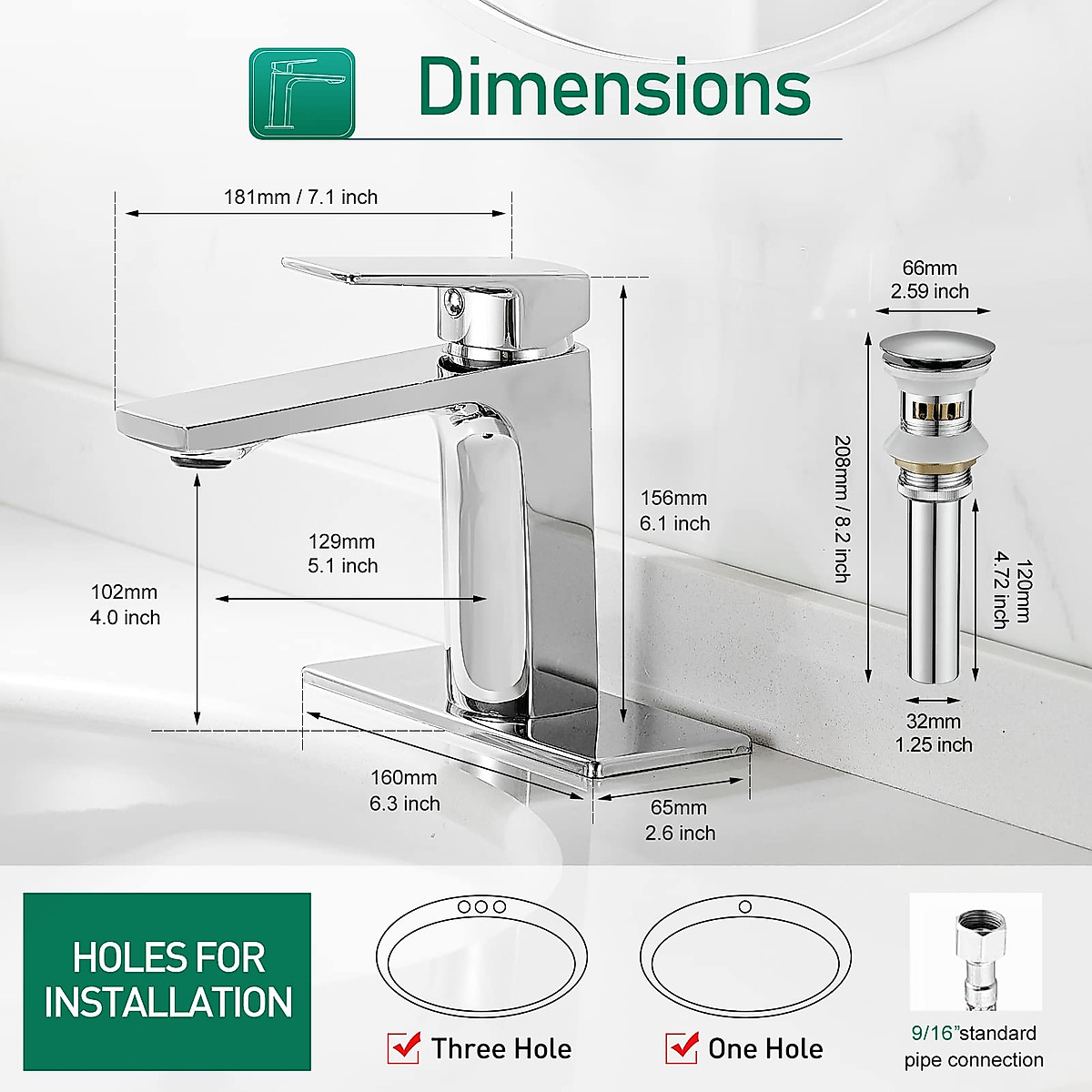 VOTON Chrome Bathroom Faucet Single Handle Bathroom Sink Faucet Lavatory Vanity Faucet with Pop Up Drain & Deck Plate 1 or 3 Hole Bathroom Faucet