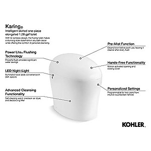 KOHLER 77780-0 Karing Smart Toilet with Auto Open & Close, One-Piece Elongated Intelligent Bidet Toilet with Heated Seat, 1.08 GPF, White