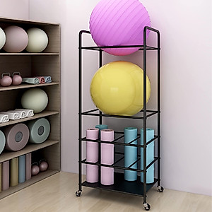 ZAQYCM Space Saving Yoga Mat Holder, Home Gym Accessories Organizer Cart for Workout Mats/Yoga Balls/Foam Rollers/Half Balance Ball/Small Carpet (Color : Black)
