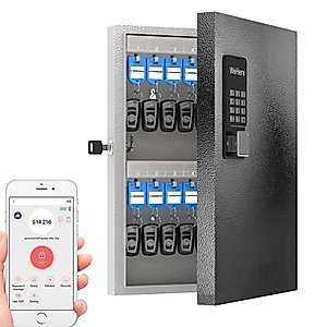 32 Key Cabinet Organizer,Metal Key Lock Box Wall Mount use OTP Technology Unlock,Fixed Password/Bluetooth Unlock, App Remotely Generates Pin Codes Without Internet,Great for Key Hook & Storage